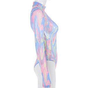 Tops | Colorful Trippy Long Sleeve Sheer Bodysuit | Poshmark